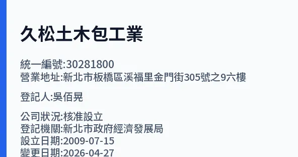 久松土木包工業的照片-統編 30281800(新北市) 公司登記資料與營業項目詳細圖表