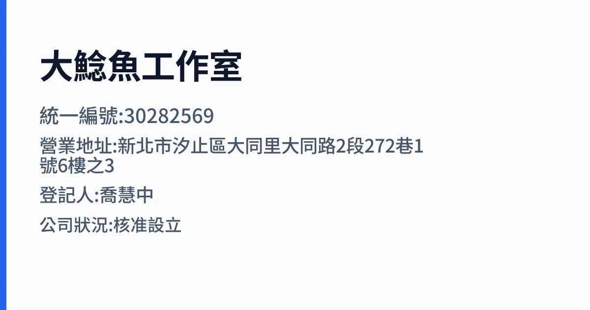 大鯰魚工作室 - 統編 30282569(新北市) 公司登記資料與營業項目詳細圖表