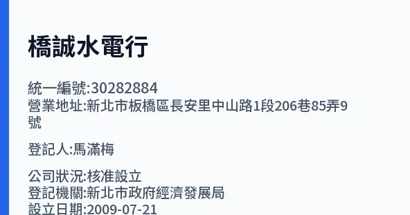 橋誠水電行的照片-統編 30282884(新北市) 公司登記資料與營業項目詳細圖表
