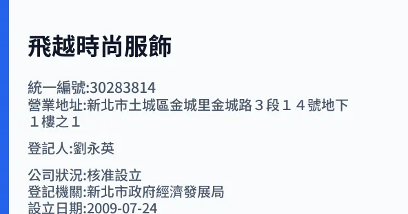 飛越時尚服飾的照片-統編 30283814(新北市) 公司登記資料與營業項目詳細圖表