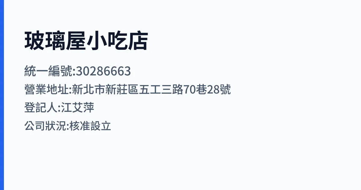 玻璃屋小吃店 - 統編 30286663(新北市) 公司登記資料與營業項目詳細圖表