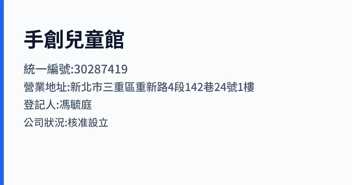手創兒童館 - 統編 30287419(新北市) 公司登記資料與營業項目詳細圖表
