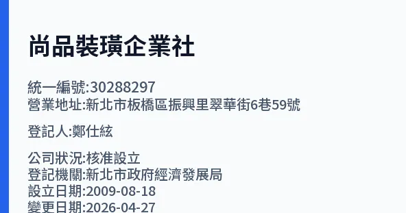 尚品裝璜企業社的照片-統編 30288297(新北市) 公司登記資料與營業項目詳細圖表