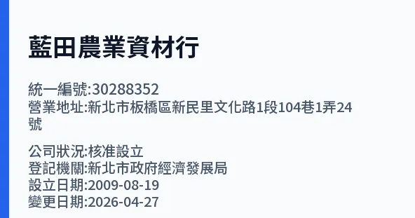 藍田農業資材行的照片-統編 30288352(新北市) 公司登記資料與營業項目詳細圖表