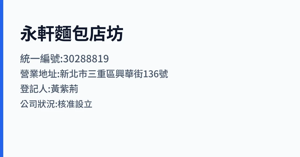 永軒麵包店坊 - 統編 30288819(新北市) 公司登記資料與營業項目詳細圖表