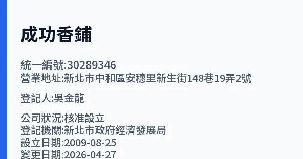 成功香鋪的照片-統編 30289346(新北市) 公司登記資料與營業項目詳細圖表