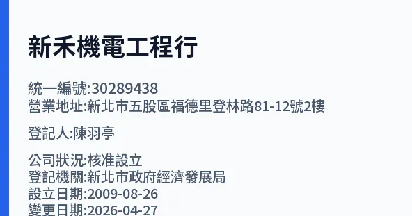 新禾機電工程行的照片-統編 30289438(新北市) 公司登記資料與營業項目詳細圖表