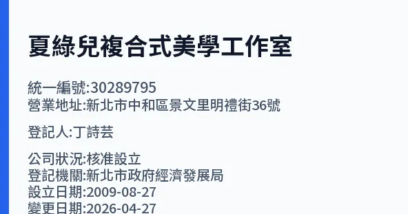 夏綠兒複合式美學工作室的照片-統編 30289795(新北市) 公司登記資料與營業項目詳細圖表