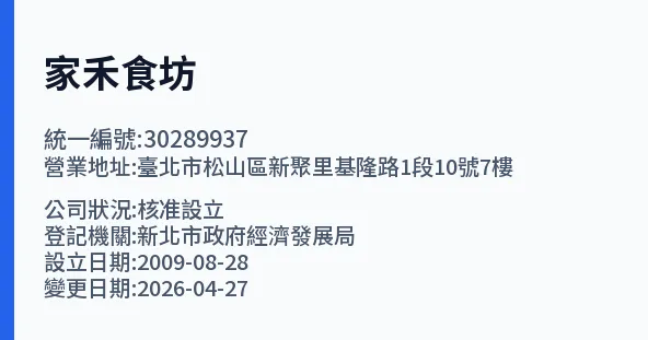 家禾食坊的照片-統編 30289937(臺北市) 公司登記資料與營業項目詳細圖表