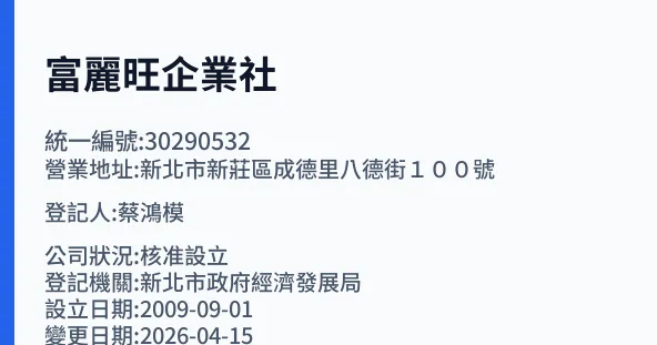 富麗旺企業社的照片-統編 30290532(新北市) 公司登記資料與營業項目詳細圖表