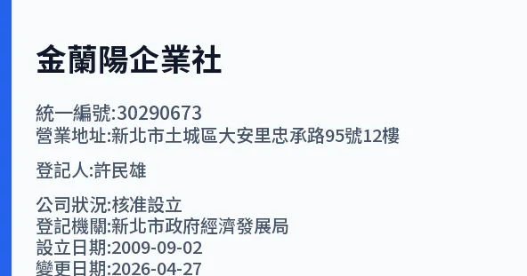 金蘭陽企業社的照片-統編 30290673(新北市) 公司登記資料與營業項目詳細圖表