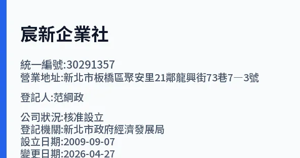 宸新企業社的照片-統編 30291357(新北市) 公司登記資料與營業項目詳細圖表