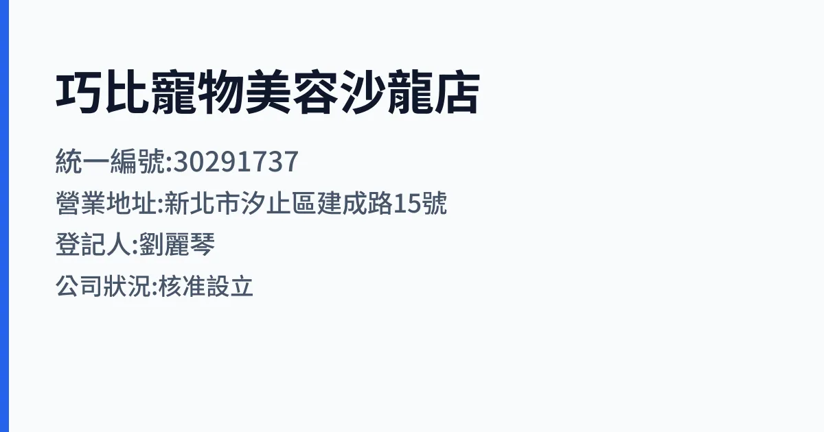 巧比寵物美容沙龍店 - 統編 30291737(新北市) 公司登記資料與營業項目詳細圖表