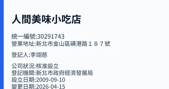 人間美味小吃店的照片-統編 30291743(新北市) 公司登記資料與營業項目詳細圖表