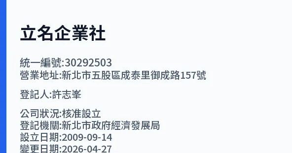立名企業社的照片-統編 30292503(新北市) 公司登記資料與營業項目詳細圖表