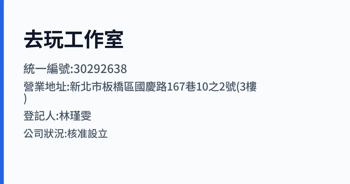 去玩工作室 - 統編 30292638(新北市) 公司登記資料與營業項目詳細圖表
