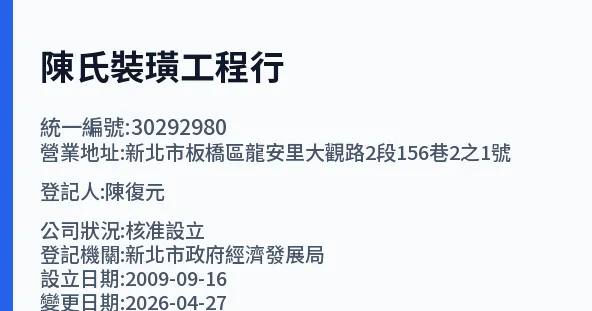陳氏裝璜工程行的照片-統編 30292980(新北市) 公司登記資料與營業項目詳細圖表