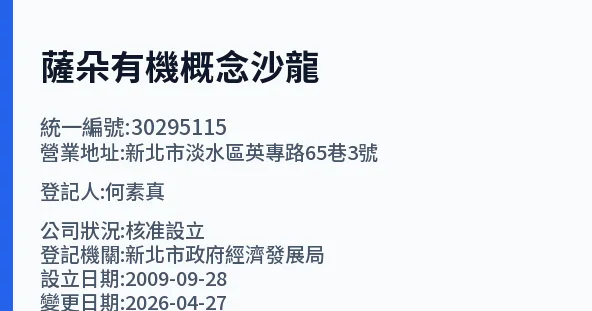 薩朵有機概念沙龍的照片-統編 30295115(新北市) 公司登記資料與營業項目詳細圖表