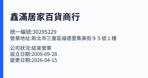 鑫滿居家百貨商行的照片-統編 30295229(新北市) 公司登記資料與營業項目詳細圖表