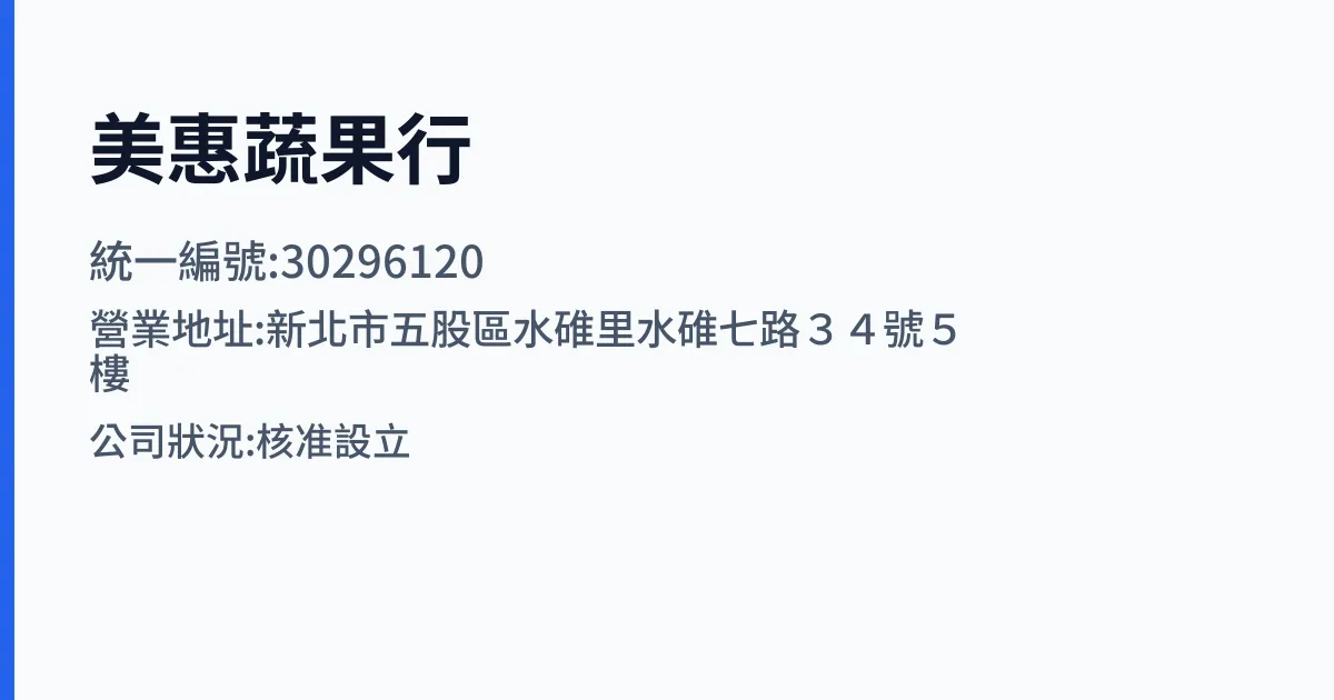 美惠蔬果行 - 統編 30296120(新北市) 公司登記資料與營業項目詳細圖表