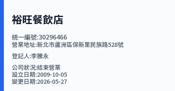 裕旺餐飲店的照片-統編 30296466(新北市) 公司登記資料與營業項目詳細圖表