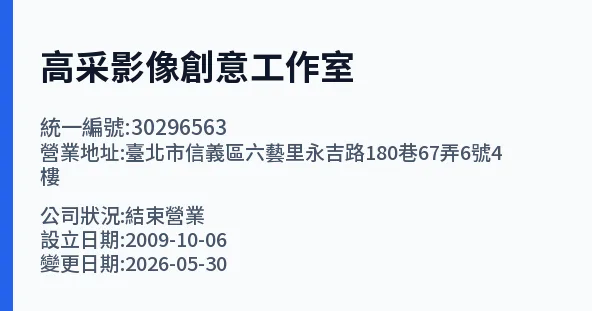 高采影像創意工作室的照片-統編 30296563(臺北市) 公司登記資料與營業項目詳細圖表