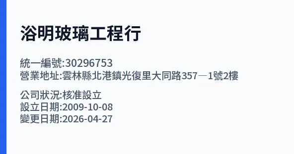 浴明玻璃工程行的照片-統編 30296753(雲林縣) 公司登記資料與營業項目詳細圖表