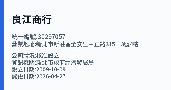 良江商行的照片-統編 30297057(新北市) 公司登記資料與營業項目詳細圖表