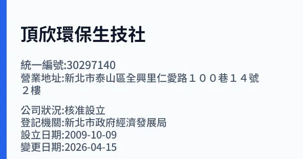 頂欣環保生技社的照片-統編 30297140(新北市) 公司登記資料與營業項目詳細圖表