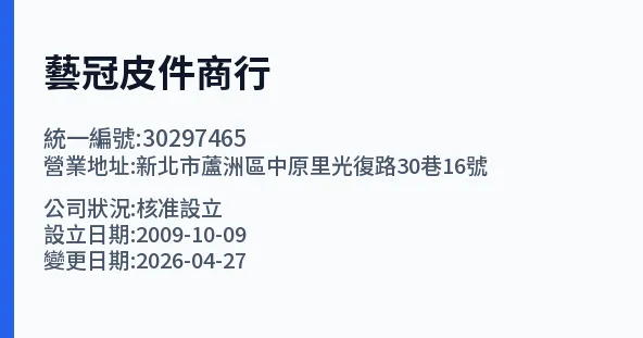 藝冠皮件商行的照片-統編 30297465(新北市) 公司登記資料與營業項目詳細圖表