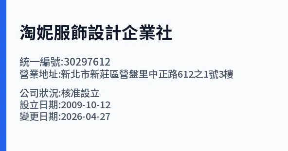 淘妮服飾設計企業社的照片-統編 30297612(新北市) 公司登記資料與營業項目詳細圖表