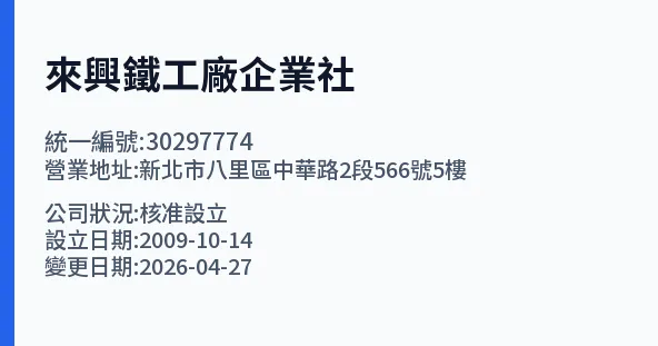 來興鐵工廠企業社的照片-統編 30297774(新北市) 公司登記資料與營業項目詳細圖表