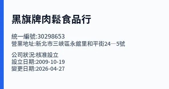 黑旗牌肉鬆食品行的照片-統編 30298653(新北市) 公司登記資料與營業項目詳細圖表