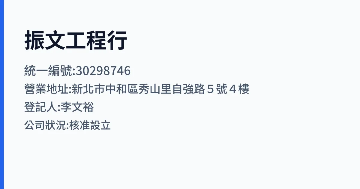 振文工程行 - 統編 30298746(新北市) 公司登記資料與營業項目詳細圖表