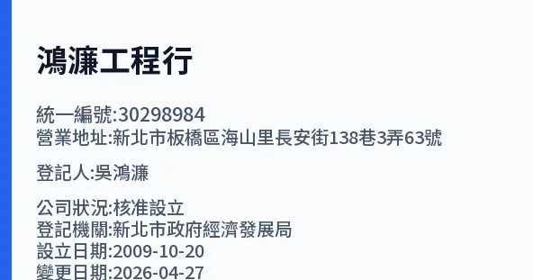 鴻濂工程行的照片-統編 30298984(新北市) 公司登記資料與營業項目詳細圖表