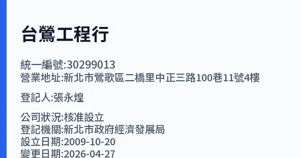 台鶯工程行的照片-統編 30299013(新北市) 公司登記資料與營業項目詳細圖表