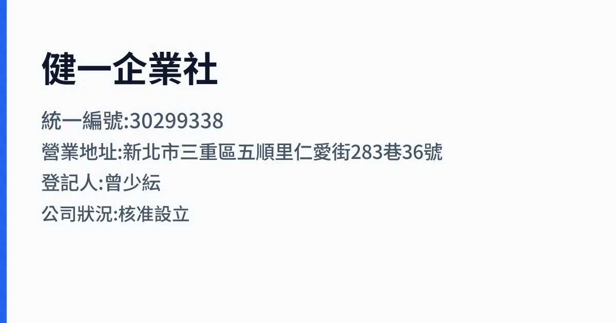 健一企業社 - 統編 30299338(新北市) 公司登記資料與營業項目詳細圖表