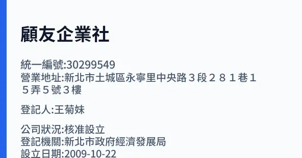 顧友企業社的照片-統編 30299549(新北市) 公司登記資料與營業項目詳細圖表