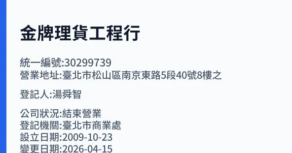 金牌理貨工程行的照片-統編 30299739(臺北市) 公司登記資料與營業項目詳細圖表