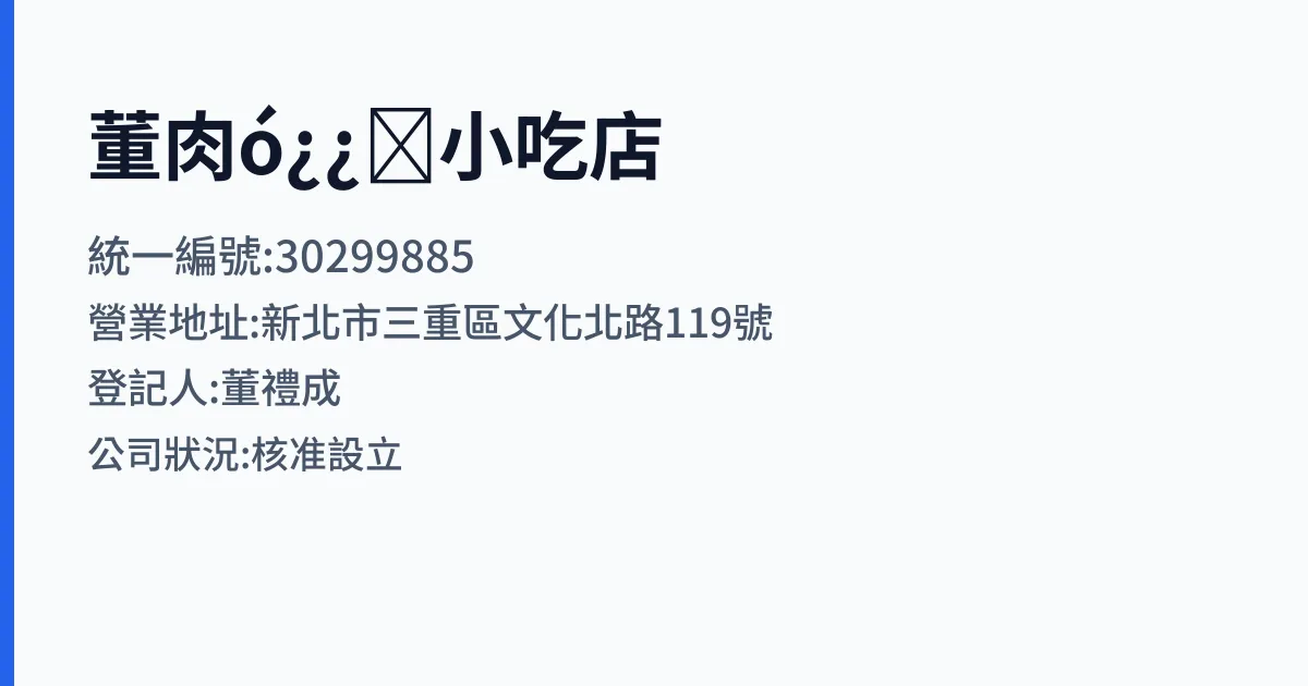 董肉小吃店 - 統編 30299885(新北市) 公司登記資料與營業項目詳細圖表