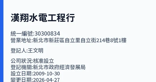 漢翔水電工程行的照片-統編 30300834(新北市) 公司登記資料與營業項目詳細圖表