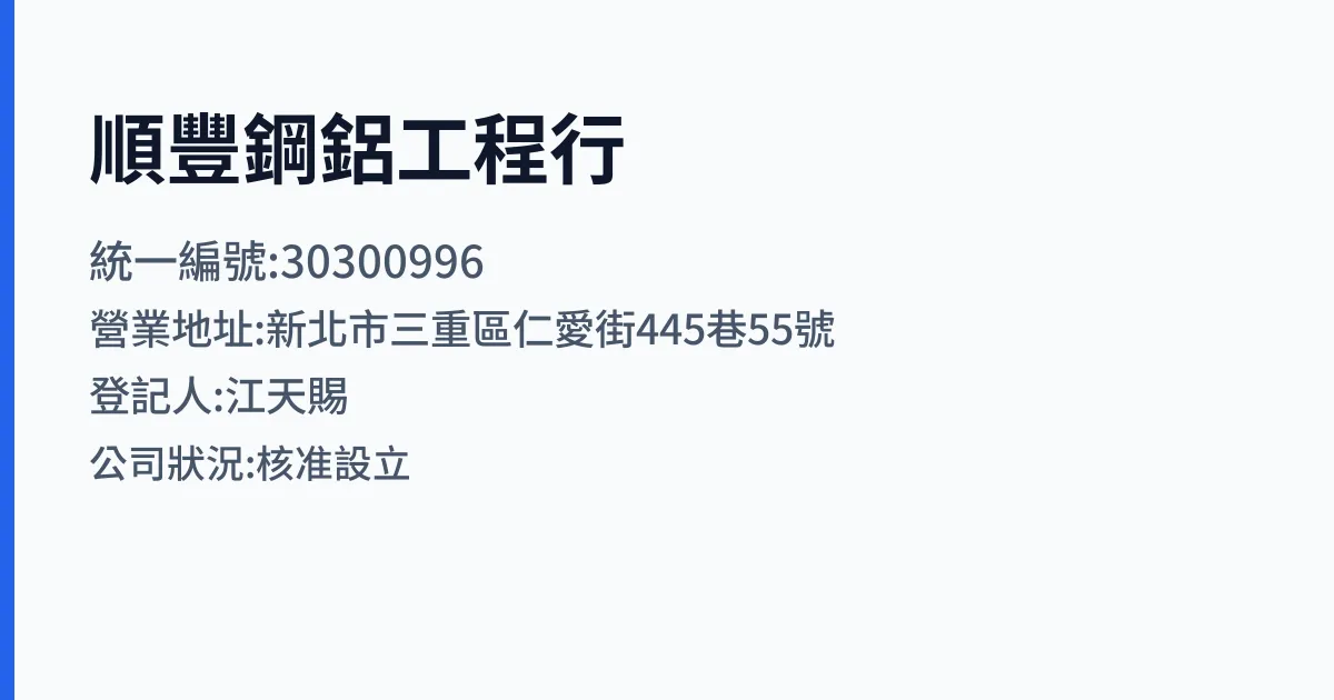 順豐鋼鋁工程行 - 統編 30300996(新北市) 公司登記資料與營業項目詳細圖表