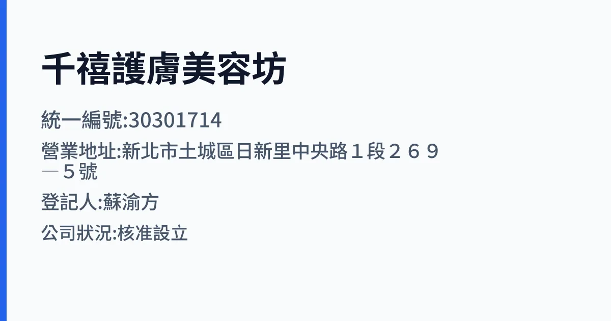 千禧護膚美容坊 - 統編 30301714(新北市) 公司登記資料與營業項目詳細圖表