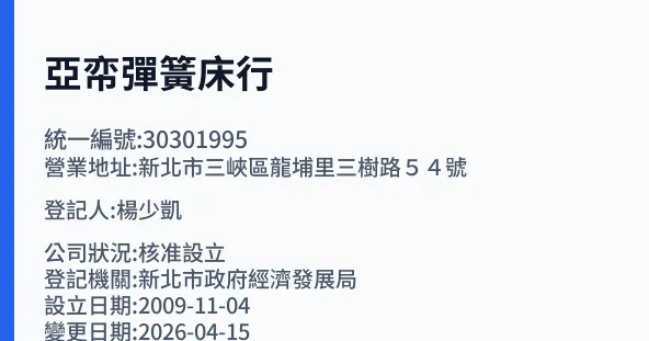 亞帟彈簧床行的照片-統編 30301995(新北市) 公司登記資料與營業項目詳細圖表