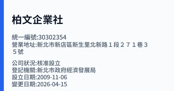 柏文企業社的照片-統編 30302354(新北市) 公司登記資料與營業項目詳細圖表