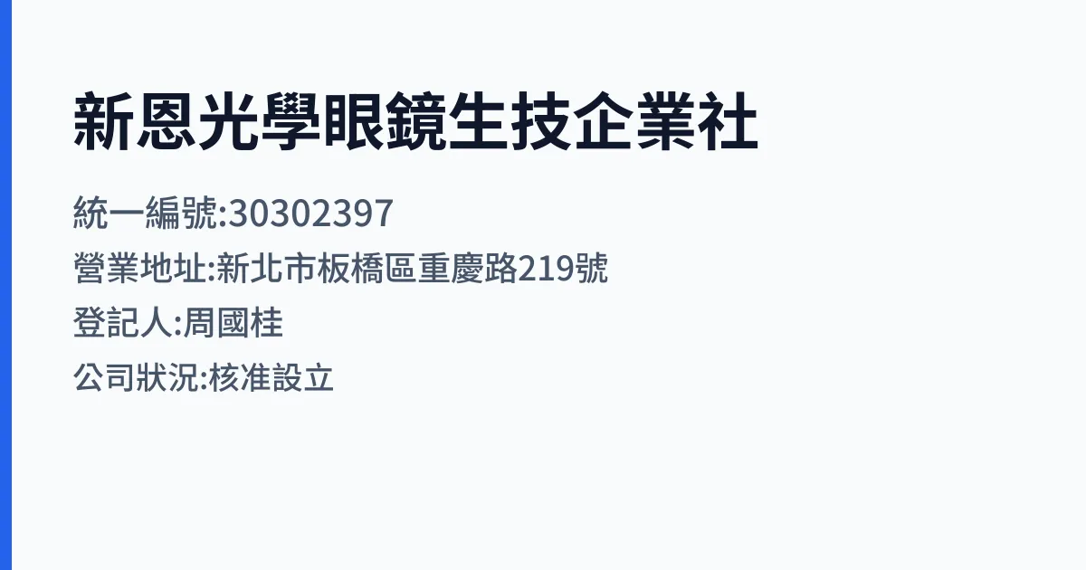 新恩光學眼鏡生技企業社 - 統編 30302397（新北市） 公司登記資料與營業項目詳細圖表
