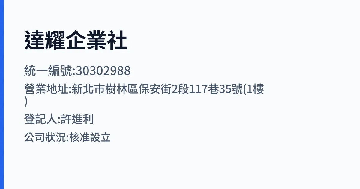 達耀企業社 - 統編 30302988(新北市) 公司登記資料與營業項目詳細圖表