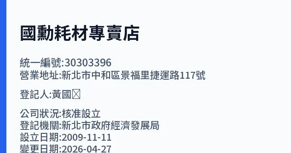國勳耗材專賣店的照片-統編 30303396(新北市) 公司登記資料與營業項目詳細圖表