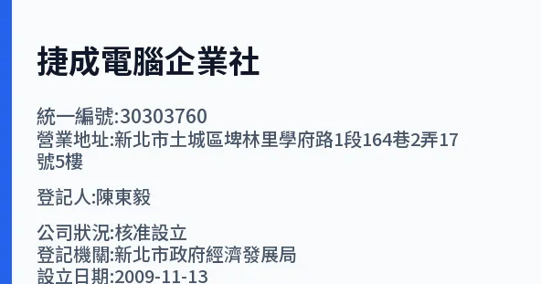 捷成電腦企業社的照片-統編 30303760(新北市) 公司登記資料與營業項目詳細圖表