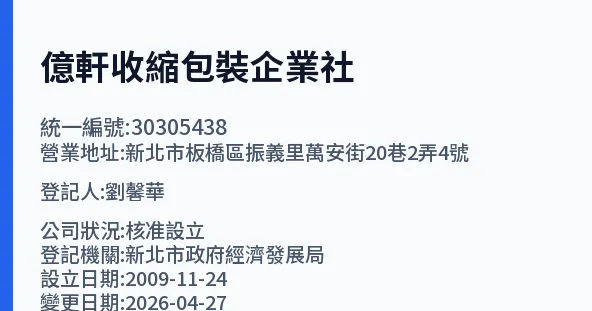 億軒收縮包裝企業社的照片-統編 30305438(新北市) 公司登記資料與營業項目詳細圖表